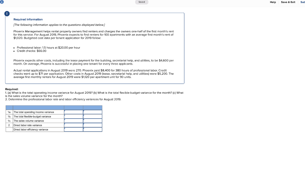 Solved Saved Help 1 Save & Exit Sul Required information | Chegg.com