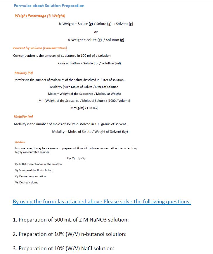 Formulas about Solution Preparation Weight Percentage | Chegg.com