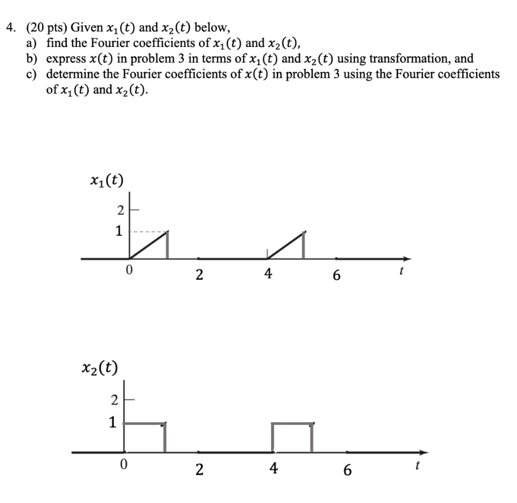 Solved 4. (20 pts) Given x1(t) and x2(t) below, a) find the | Chegg.com Solved 4. (20 pts) Given x1(t) and x2(t) below, a) find the | Chegg.com