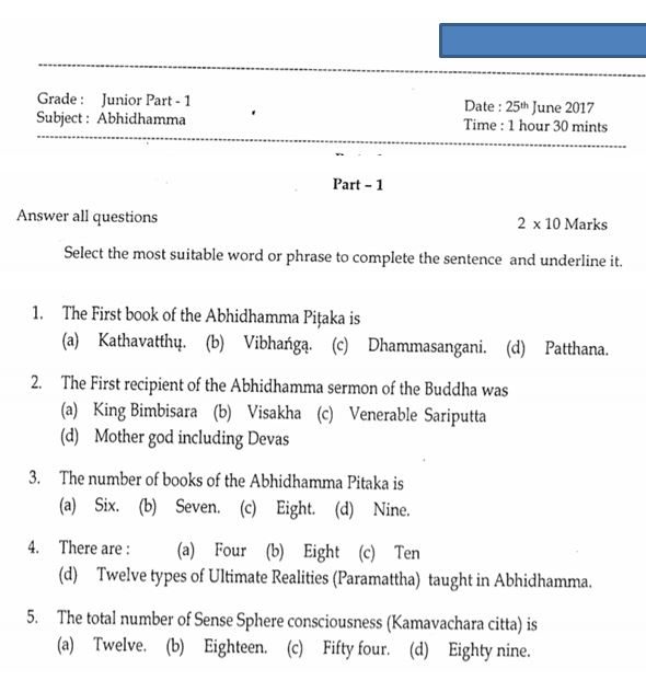 Solved Grade: Junior Part - 1 Subject: Abhidhamma Date : | Chegg.com