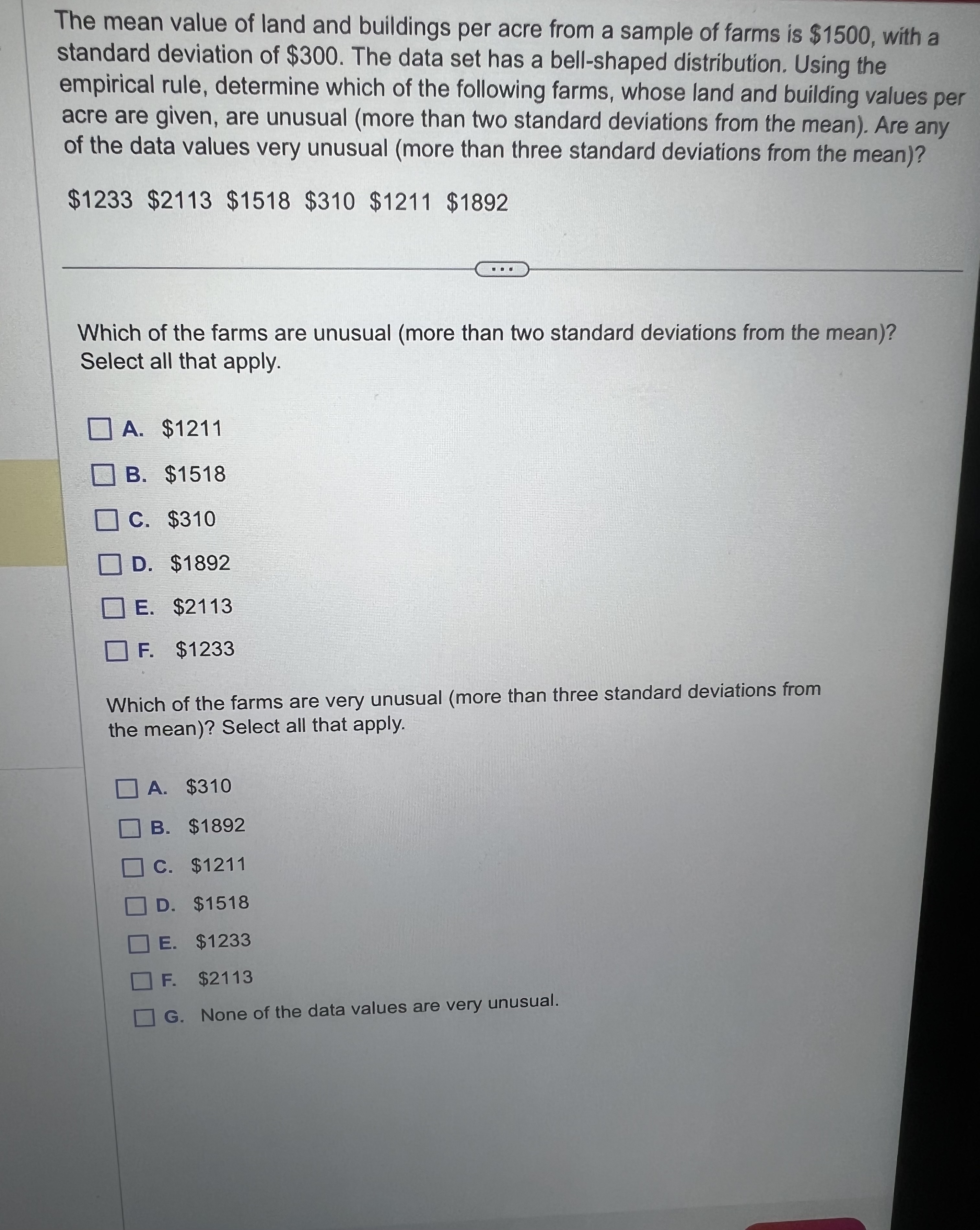 Solved The mean value of land and buildings per acre from a | Chegg.com