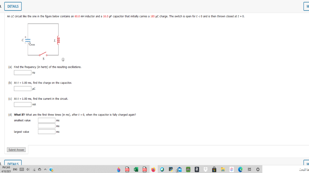 Solved DETAILS An LC circuit like the one in the figure | Chegg.com