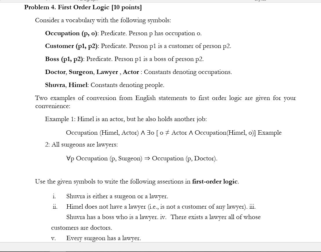 Solved Problem 4. First Order Logic [10 points] Consider a | Chegg.com