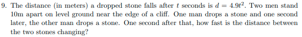 Solved 9. The distance (in meters) a dropped stone falls | Chegg.com