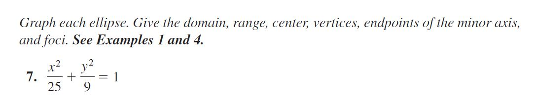 Solved Graph each ellipse. Give the domain, range, center, | Chegg.com