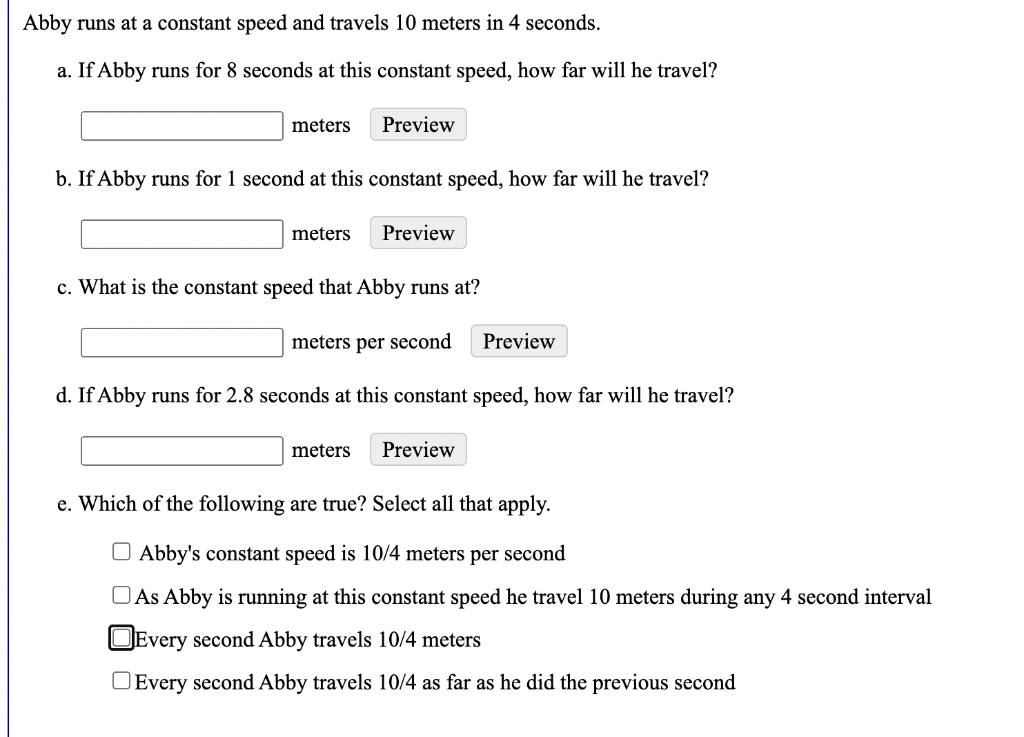 Solved Abby runs at a constant speed and travels 10 meters | Chegg.com