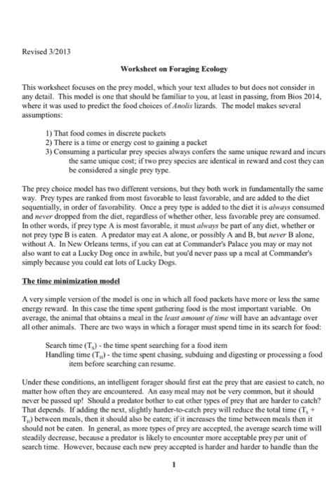 Revised 3/2013 Worksheet on Foraging Ecology This | Chegg.com