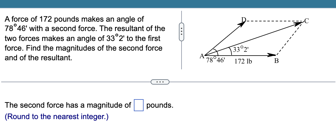 Solved A force of 172 ﻿pounds makes an angle of78°46' ﻿with | Chegg.com