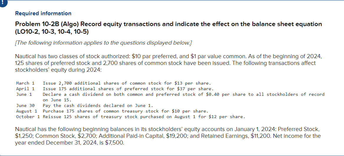 Solved Required information Problem 10-2B (Algo) Record | Chegg.com