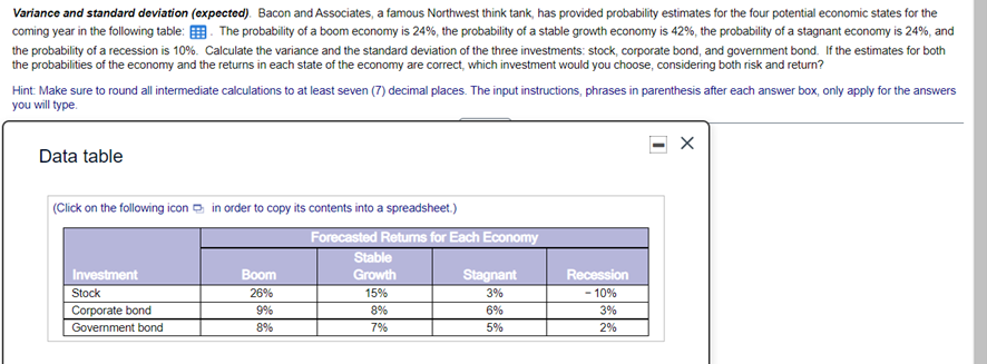 Variance and standard deviation (expected). Bacon and | Chegg.com
