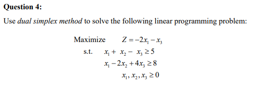 Solved Question 4: Use dual simplex method to solve the | Chegg.com