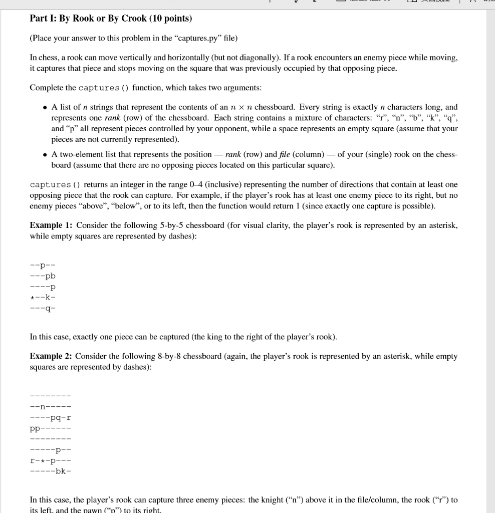 Part I: By Rook or By Crook (10 points) (Place your | Chegg.com