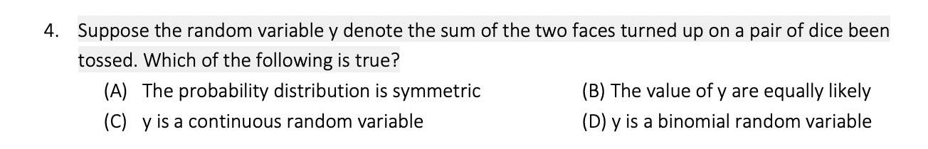 Solved Suppose the random variable y denote the sum of the | Chegg.com