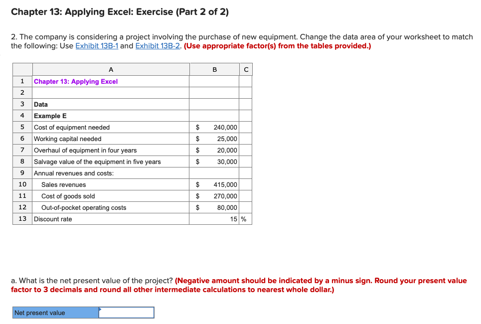 Solved Chapter 13: Applying Excel Data Example E Cost of | Chegg.com