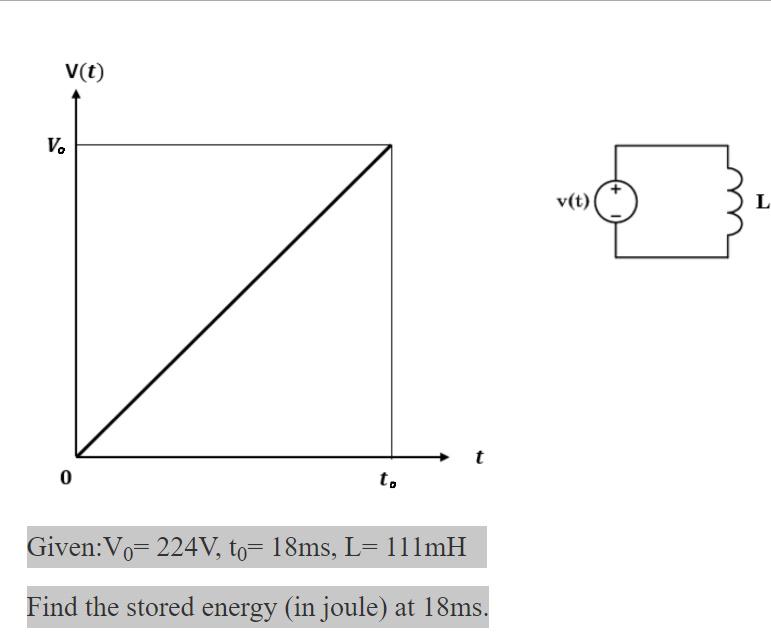 Solved Given: V0=224 V,t0=18 ms, L=111mH Find the stored | Chegg.com