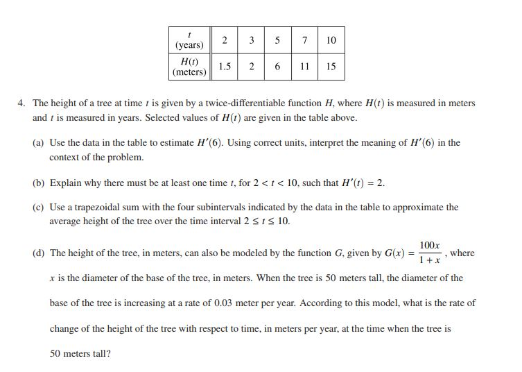 years) 1261115 (meters) 4. The height of a tree at | Chegg.com