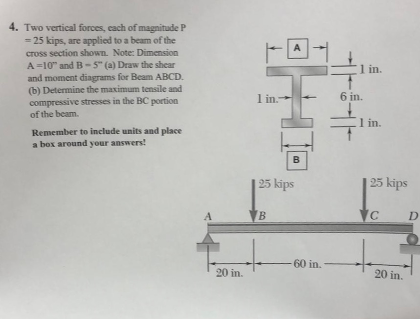 Solved 4. Two vertical forces, each of magnitude P =25 kips, | Chegg.com