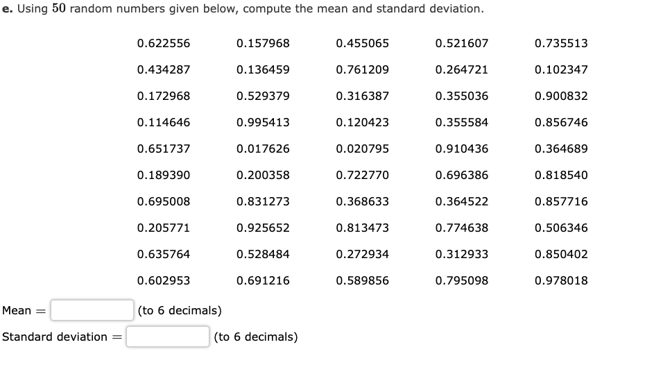 Solved e. Using 50 random numbers given below, compute the | Chegg.com