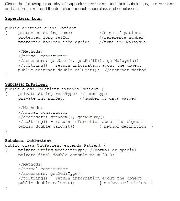 Solved Given the following hierarchy of superclass Patient | Chegg.com
