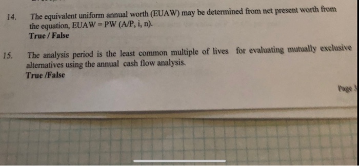 Solved The equivalent uniform annual worth (EUA W) may be | Chegg.com