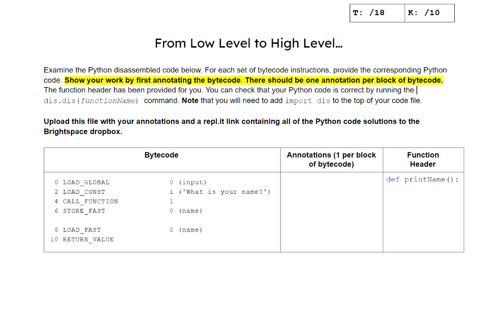 Solved T: /18 K: /10 From Low Level to High Level... Examine | Chegg.com