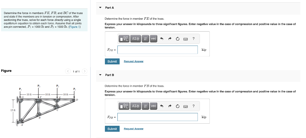 Solved Determine the force in members FE,FB, and BC of the | Chegg.com