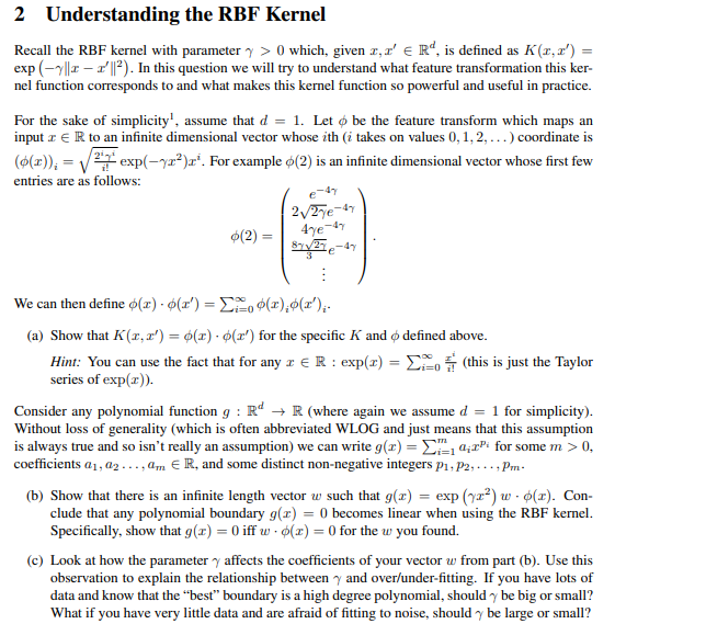 2 Understanding the RBF Kernel Recall the RBF kernel | Chegg.com