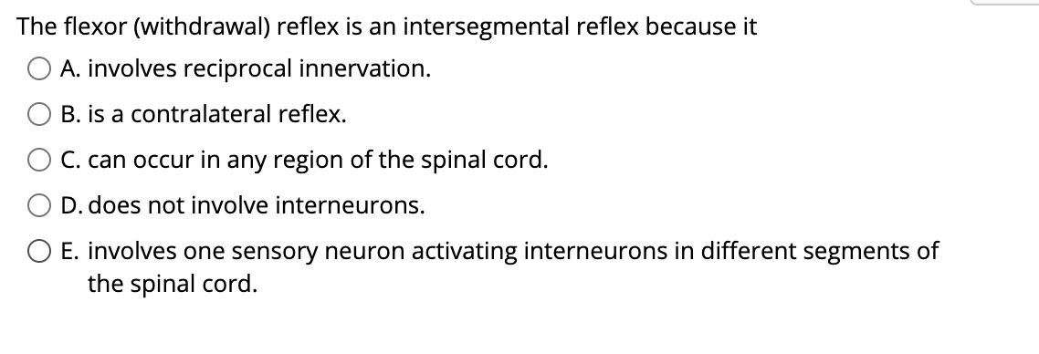 Solved The flexor (withdrawal) reflex is an intersegmental | Chegg.com