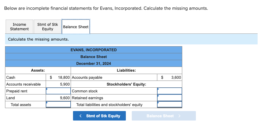 Solved Below are incomplete financial statements for Evans, | Chegg.com