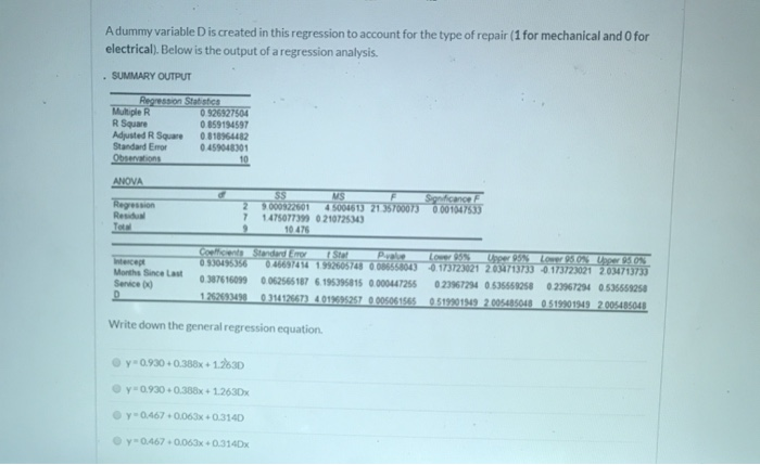 Solved Adummy Variable D Is Created In This Regression To 