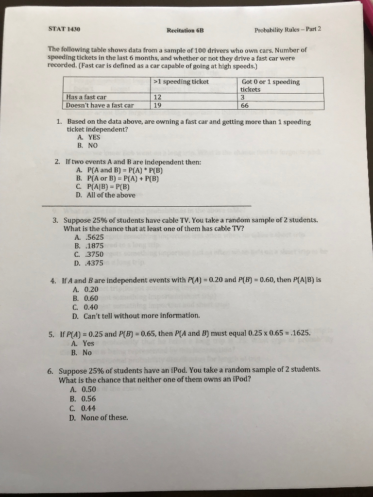 Solved STAT 1430 Recitation 6B Probability Rules - Part 2 | Chegg.com