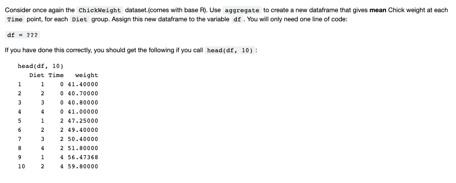 Solved Consider once again the chickWeight dataset.(comes | Chegg.com