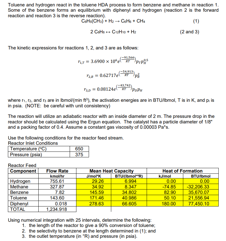 Toluene and hydrogen react in the toluene HDA process | Chegg.com