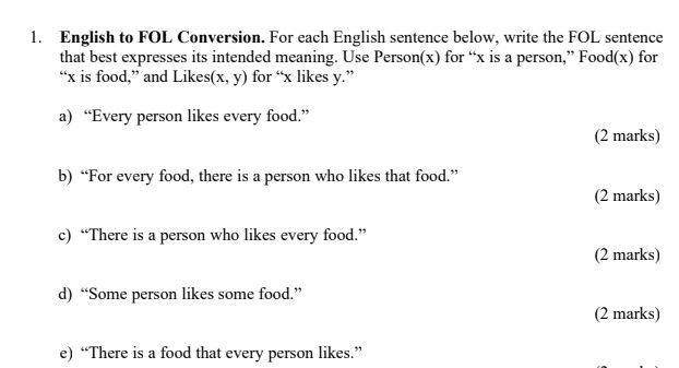 Solved 1. English to FOL Conversion. For each English | Chegg.com