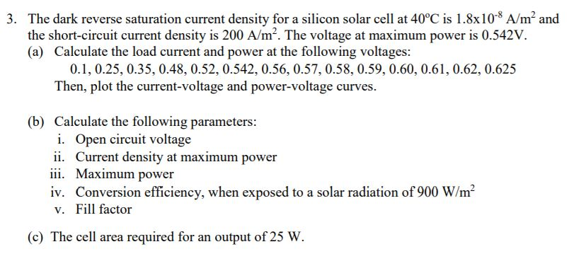 3. The dark reverse saturation current density for a | Chegg.com