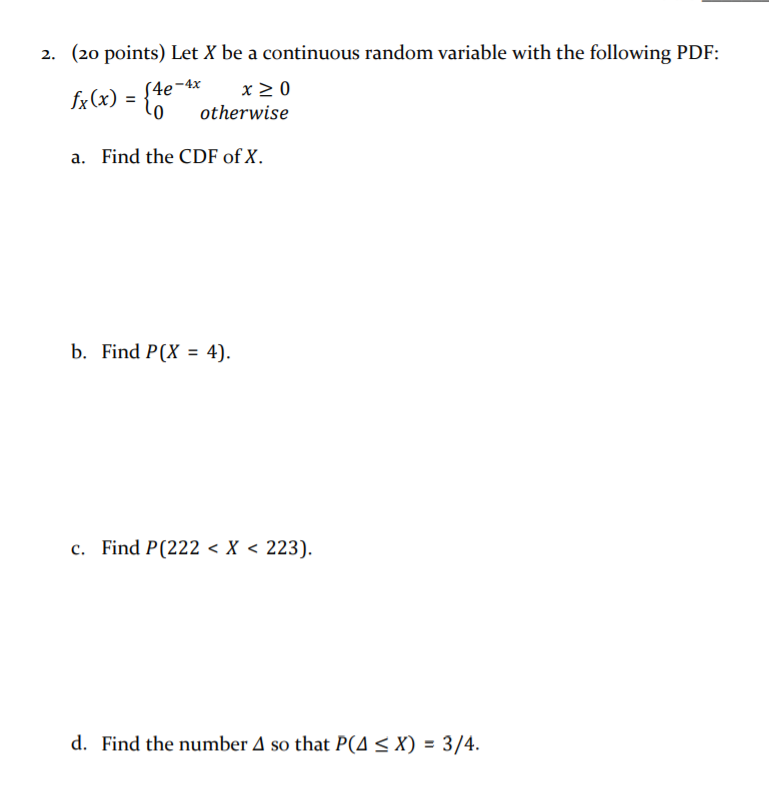 Solved 2. (20 points) Let X be a continuous random variable | Chegg.com