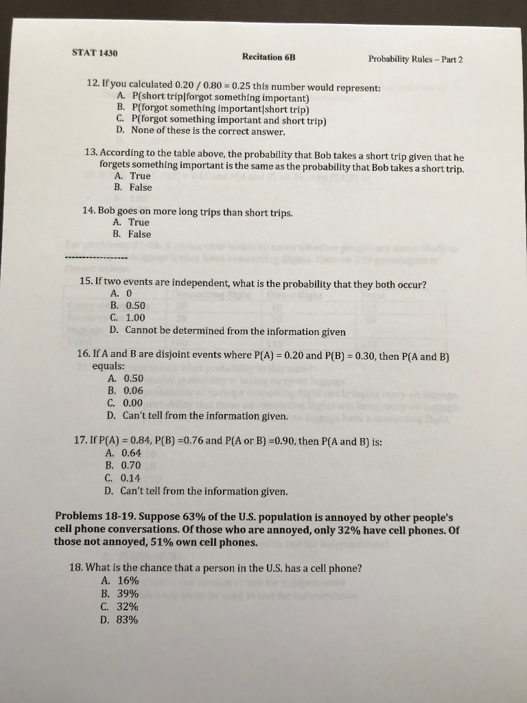 Solved STAT 1430 Recitation 6B Probability Rules - Part 2 | Chegg.com