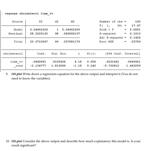 Solved • regress cholesterol time_tv Source SS df MS Model | Chegg.com