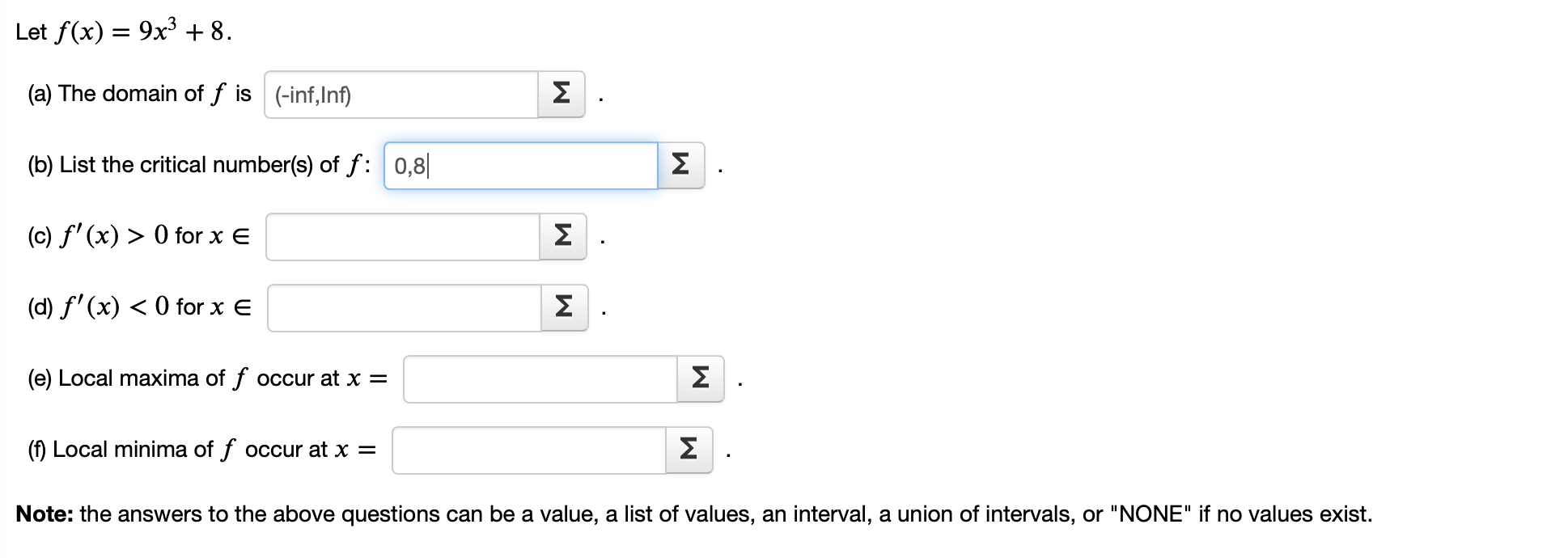Solved Let f(x)=9x^(3)+8. (a) The domain of f is (b) List | Chegg.com