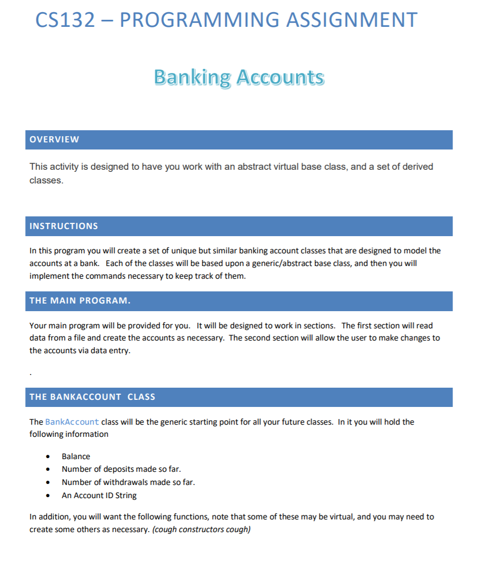 Solved CS132 – PROGRAMMING ASSIGNMENT Banking Accounts | Chegg.com