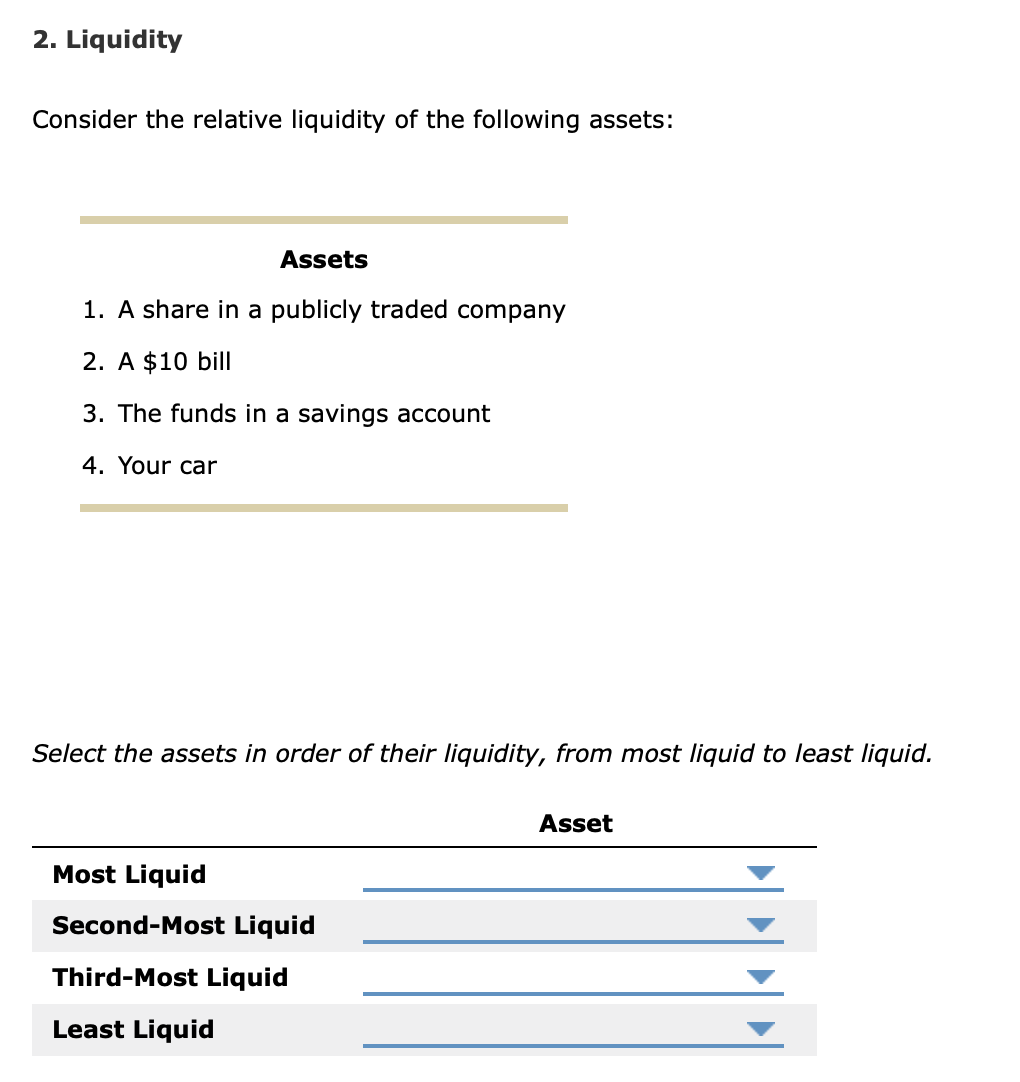 Solved 2. Liquidity Consider the relative liquidity of the | Chegg.com