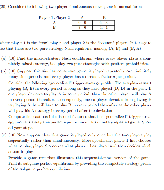 Solved (30) Consider the following two-player | Chegg.com