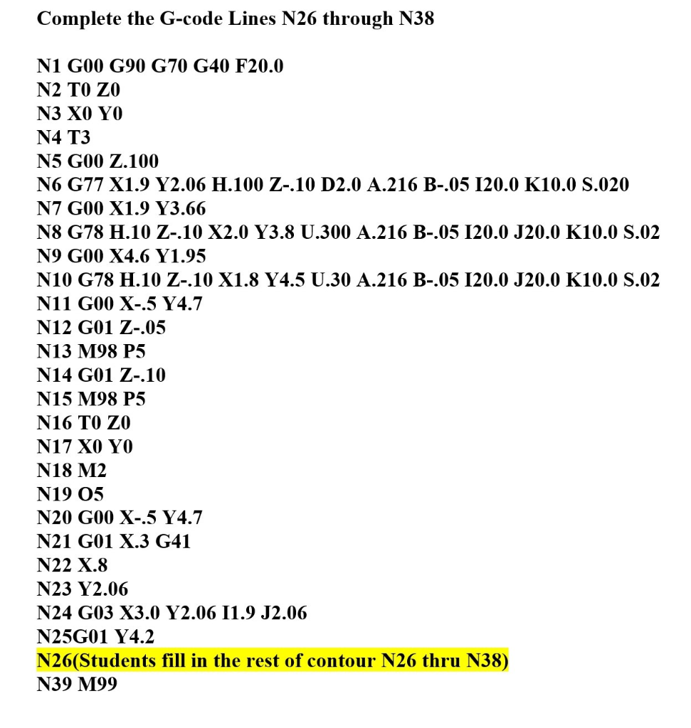 Solved Complete the G-code Lines N26 through N38 N1 G00 G90 | Chegg.com