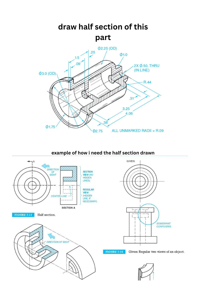 Solved i need help a half section view drawn of this part | Chegg.com