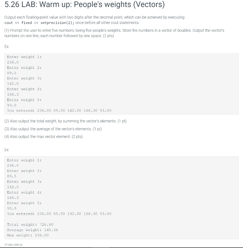 Solved: 5.26 LAB: Warm Up: People's Weights (Vectors) Outp... | Chegg.com