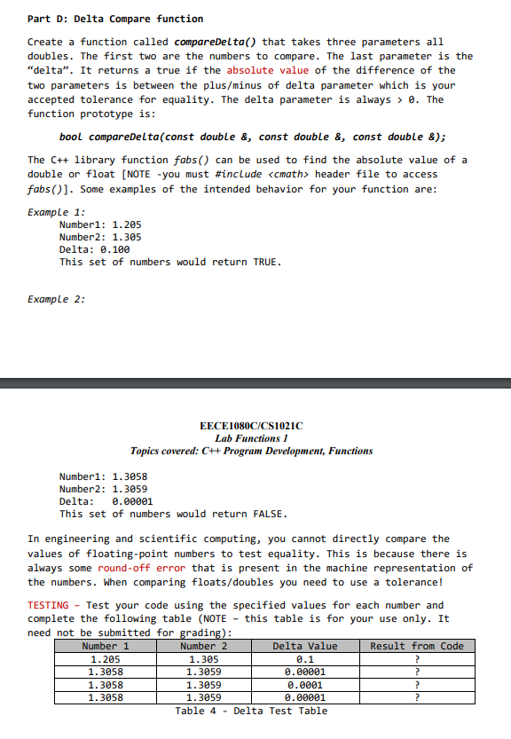 Solved Part D: Delta Compare function Create a function | Chegg.com