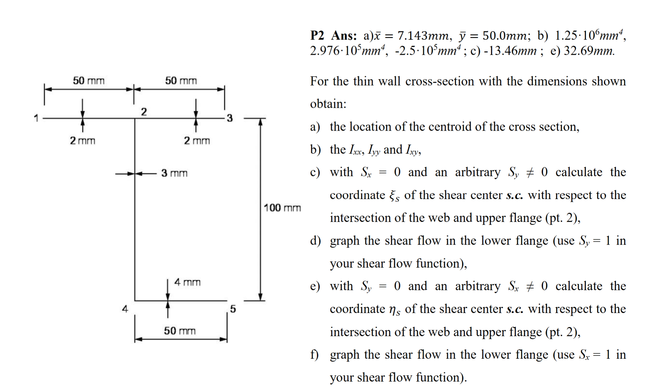 Solved P2 Ans: a) xˉ=7.143 mm,yˉ=50.0 mm; b) 1.25⋅106 mm4, | Chegg.com