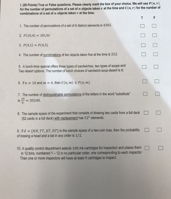 Solved 1. (20 Points) True or False questions. Please | Chegg.com