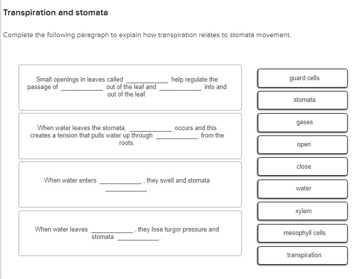 Solved Transpiration and stomata Complete the following | Chegg.com