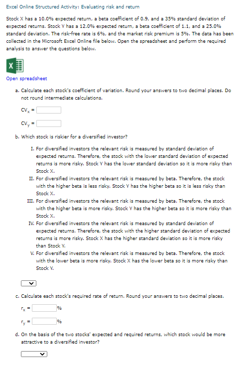 Solved Excel Online Structured Activity: Evaluating risk and | Chegg.com